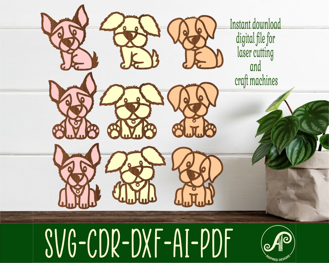 Cute Dog Laser Cut File Shapes. 3 Dogs in 3 Positions, Two Layer Vector ...