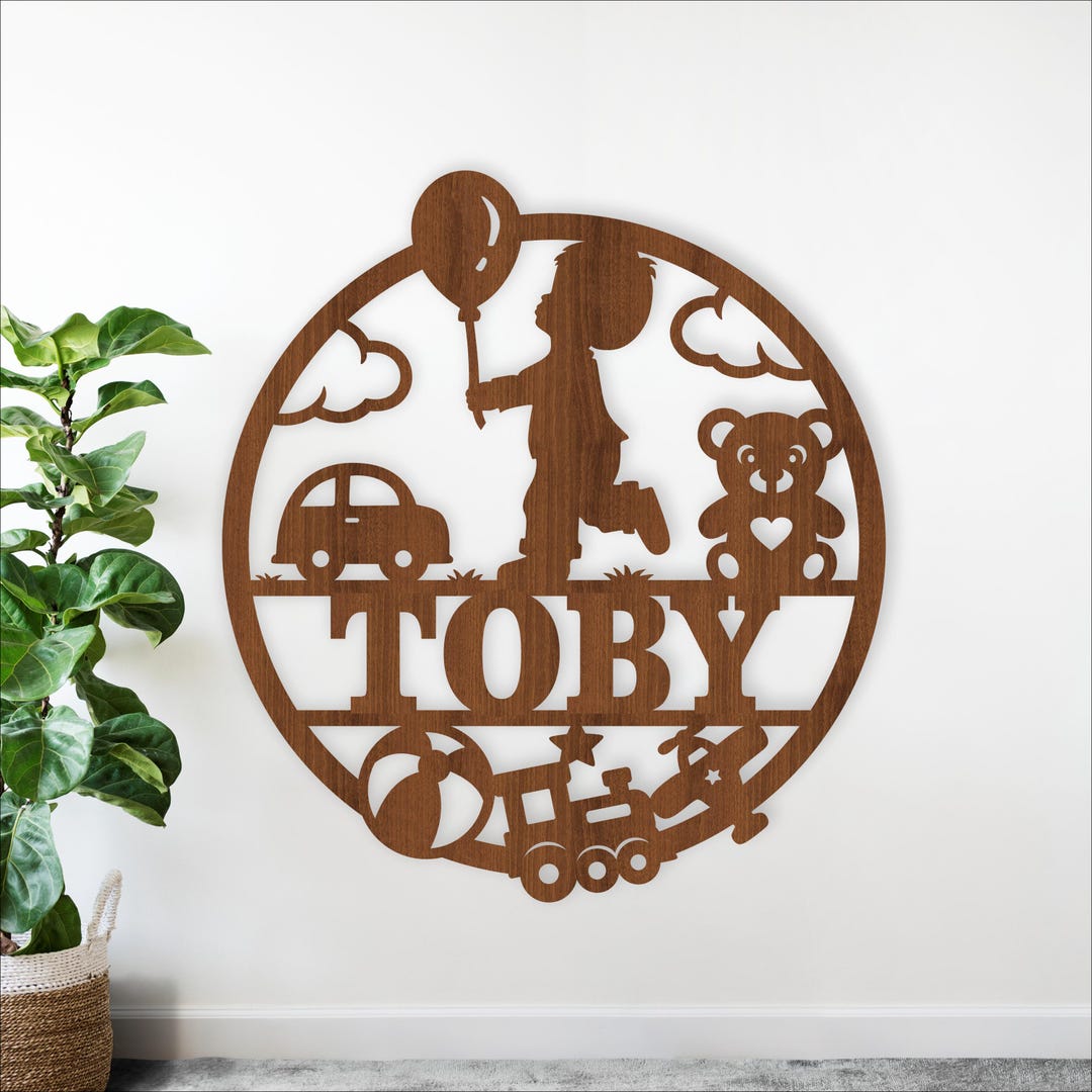 Little Boy and Toys Name Sign: Laser Cut SVG Boys Nursery Decor ...