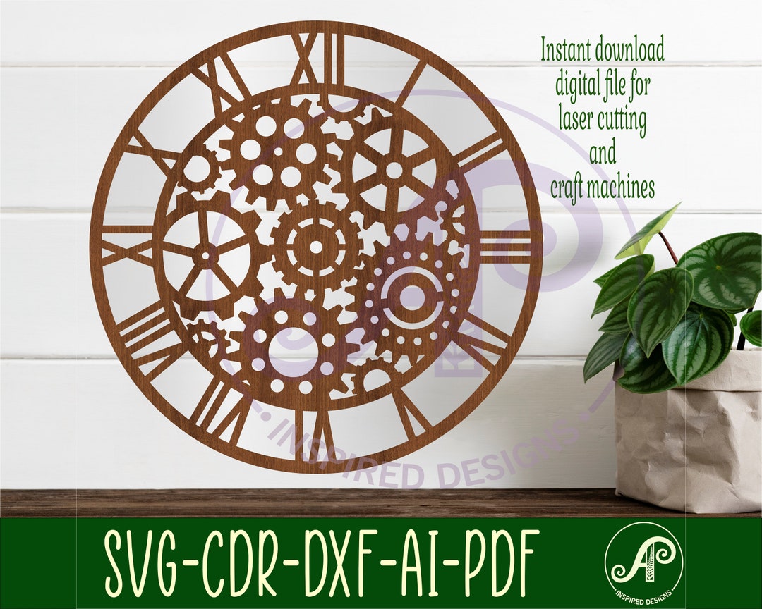 Gears Wall Clock Laser Cut Files, SVG File. Vector File Ai, Cdr, Dxf ...