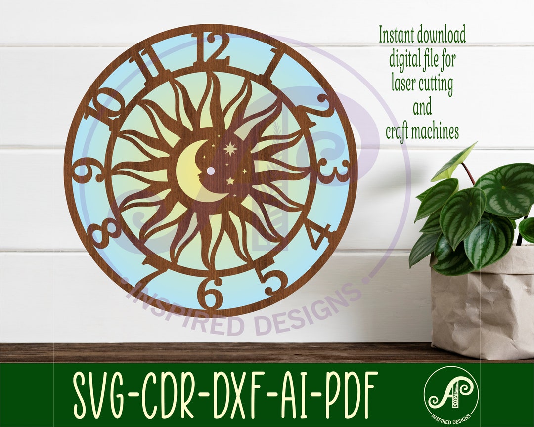 Sun and Moon Wall Clock Laser Cut Files, SVG File. Vector File Ai, Cdr ...