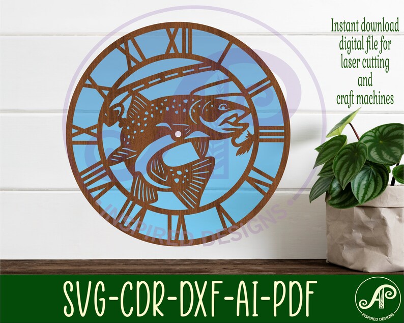 Fishing Trout Wall Clock Laser Cut Files, SVG File. Vector File Ai, Cdr ...