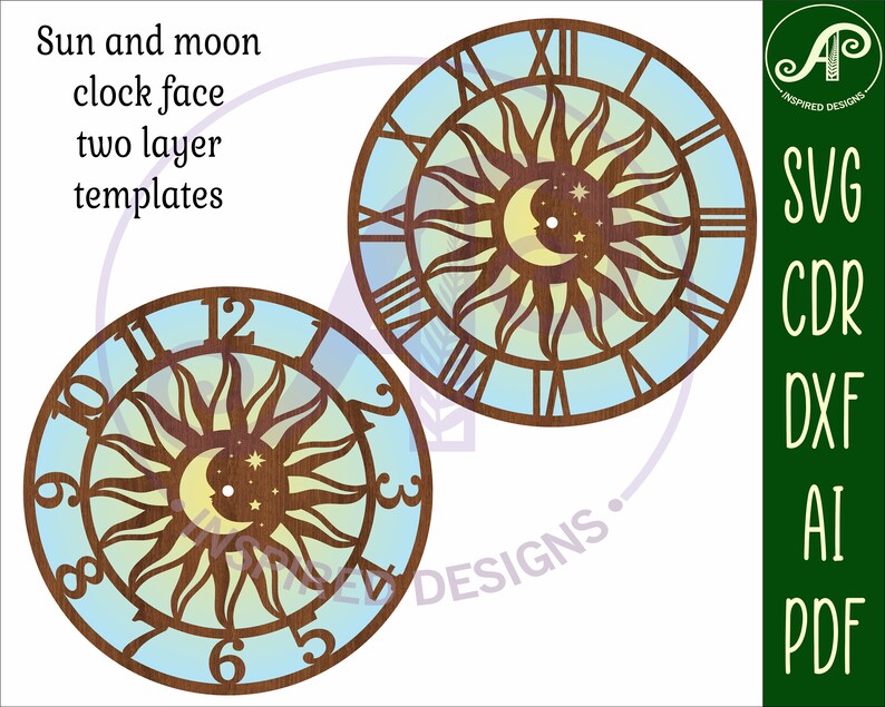 Sun and Moon Wall Clock Laser Cut Files, Celestial Clock Templates ...