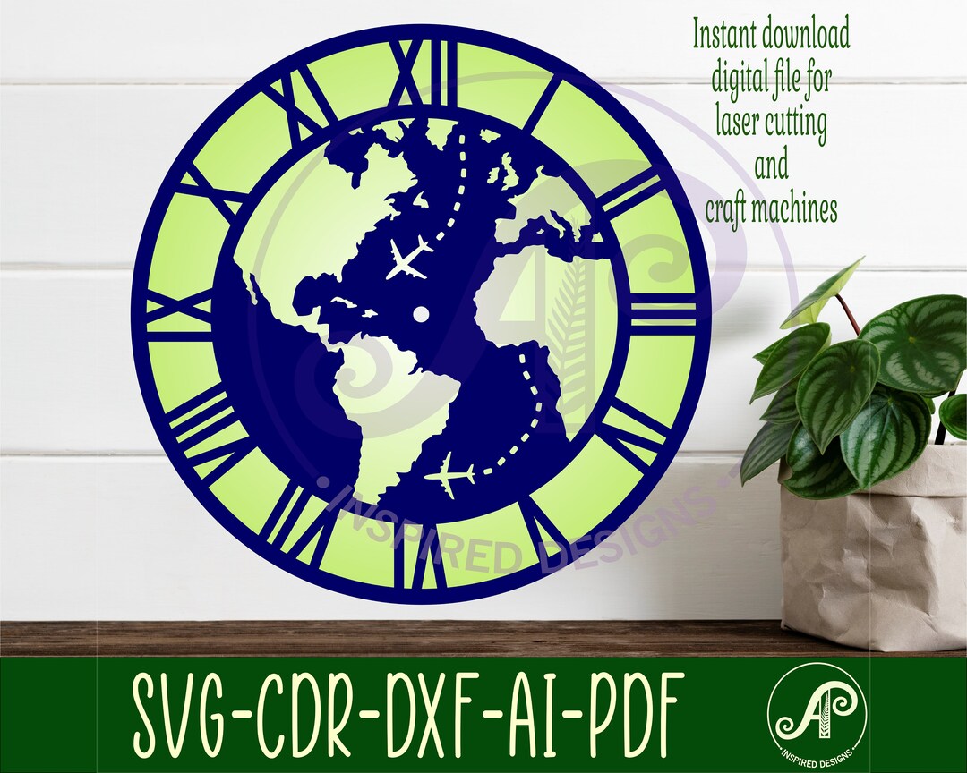 World Travel Wall Clock Laser Cut Files, SVG File. Vector File Ai, Cdr ...