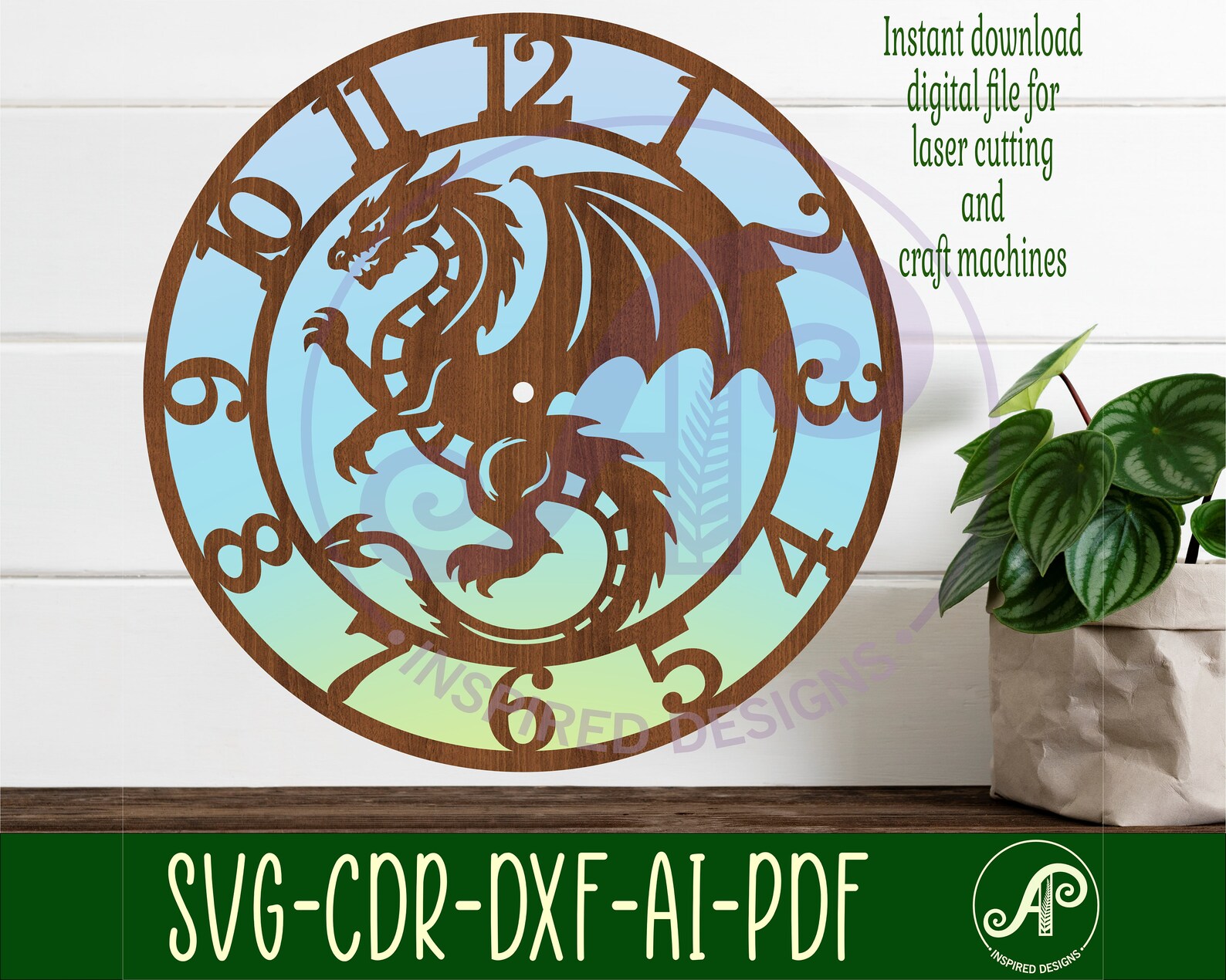 Dragon Wall Clock Laser Cut Files, SVG File. Vector File Ai, Cdr, Dxf ...