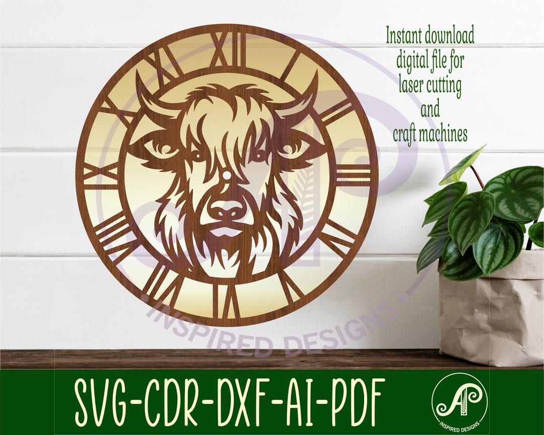 Highland Cow Wall Clock Laser Cut Files, SVG File. Vector File Ai, Cdr ...