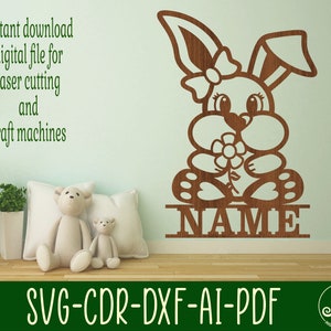 Cute Bunny Name Sign SVG Laser Cut Template, Door or Wall Hanger ...