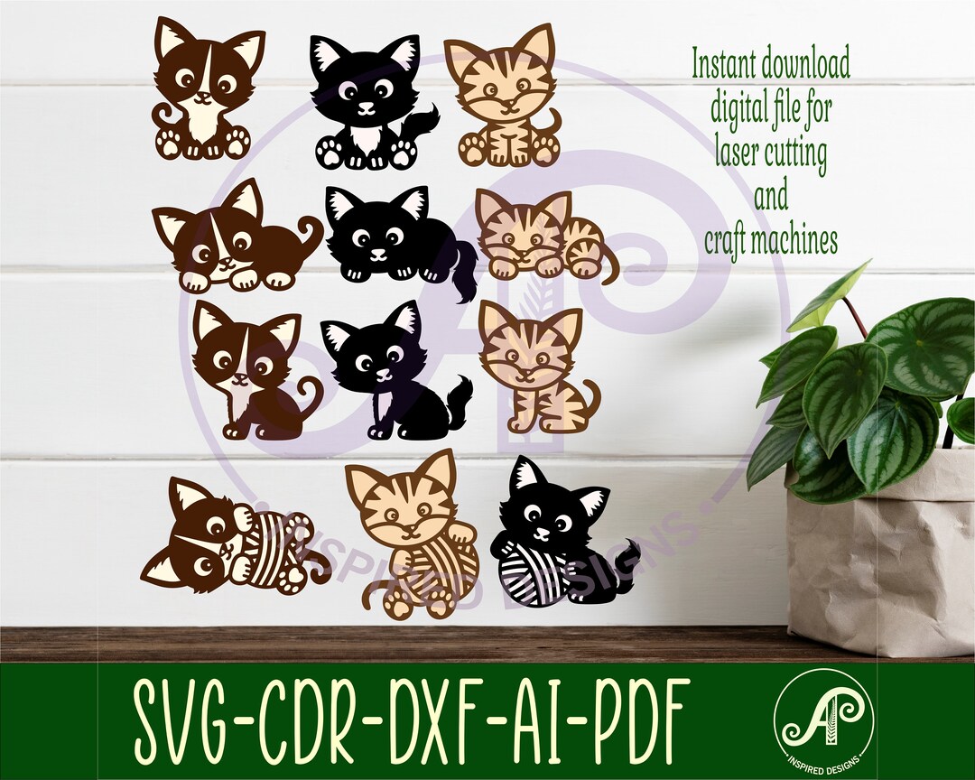Cute Cats Laser Cut File Shapes. 3 Cats in 4 Poses, Two Layer Vector ...
