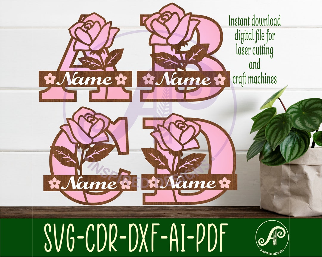 Rose Monogram Letter Name Signs. 3 Layers SVG Laser Cut File, Door or ...