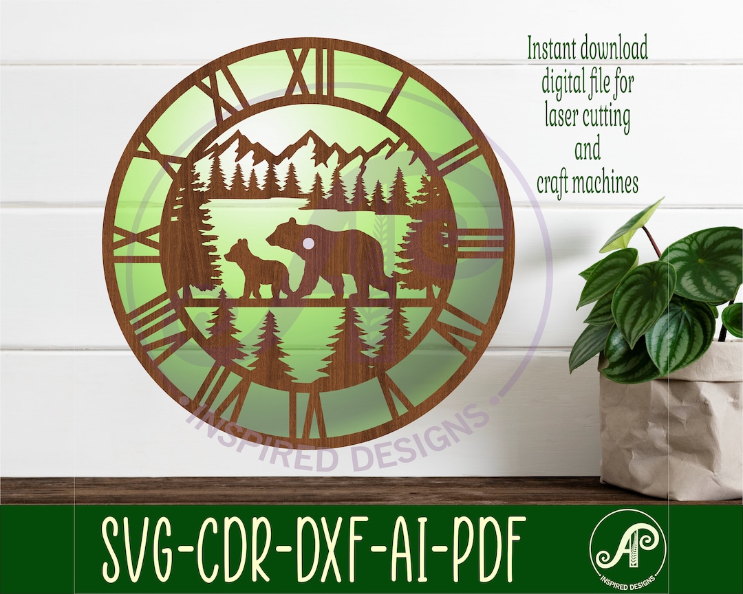 Forest Bears Wall Clock Laser Cut Files, SVG File. Vector File Ai, Cdr, Dxf Instant Download ...