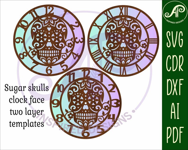 Sugar Skull Clock Laser Cut SVG Files - Día De Muertos Clocks (digital ...