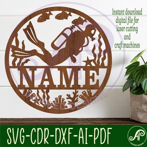 Scuba Diver Name Sign, SVG, Ocean Themed Wall Art, Laser Cut Template ...