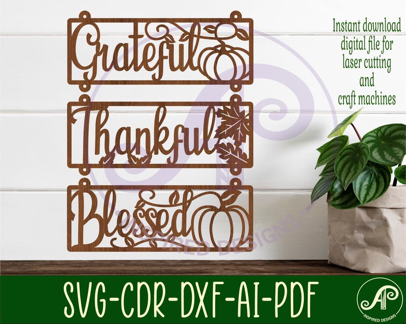Grateful Thankful Blessed Wall Art SVG Thanksgiving Laser Cut Signs ...