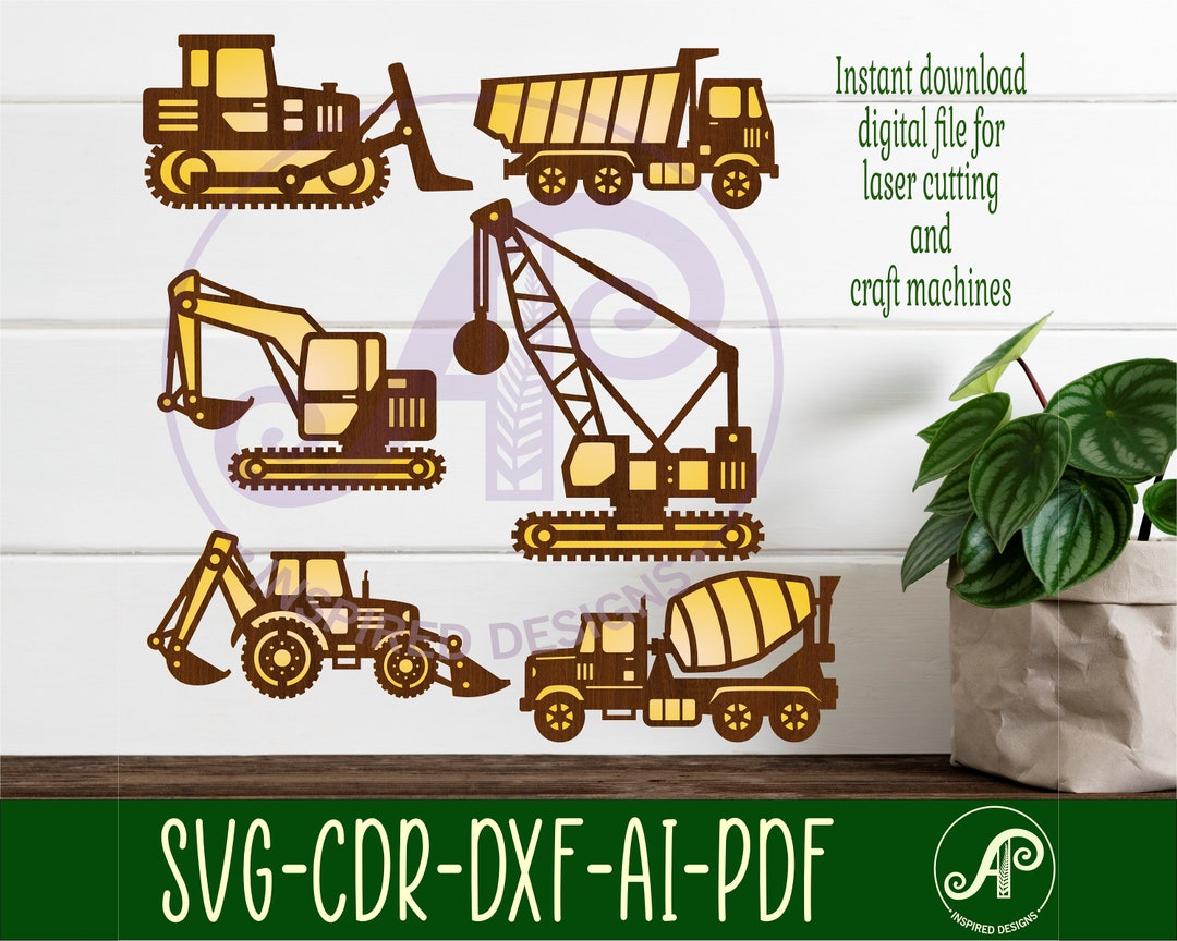 Construction Vehicles Laser Cut File Shapes. 6 Two Layer Vector Files ...