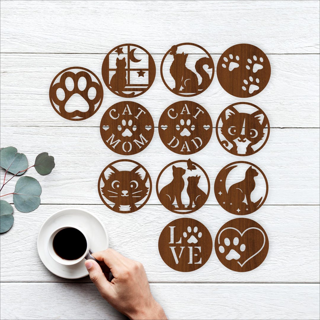 Paquete de posavasos SVG de gatos: 12 posavasos cortados con láser para ...