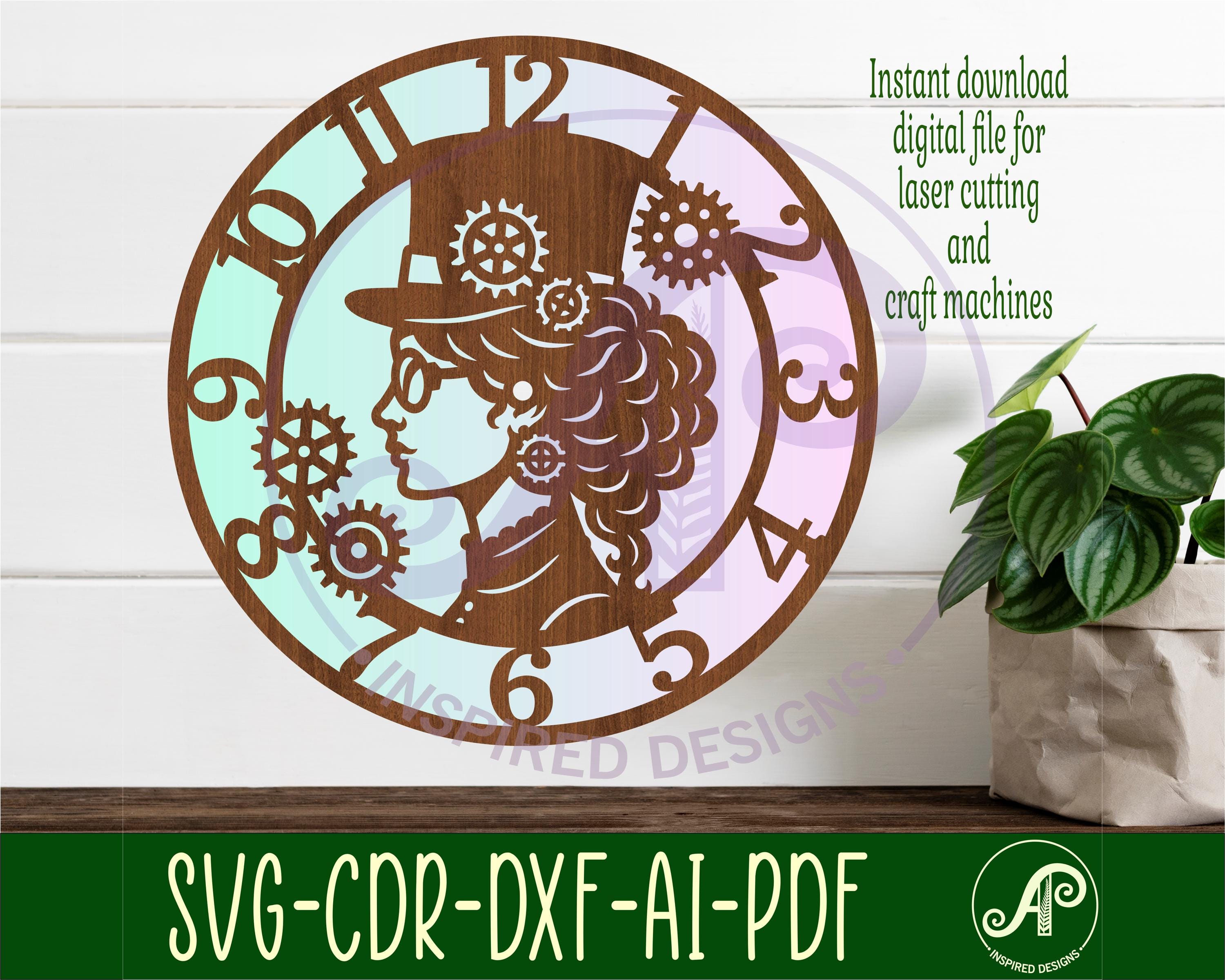 Steampunk Lady Wall Clock Laser Cut SVG Files - Digital Download Steam ...