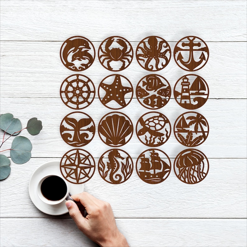 Ocean Theme Coaster Set SVG Bundle | Nautical Laser Cut Coasters X 16 ...