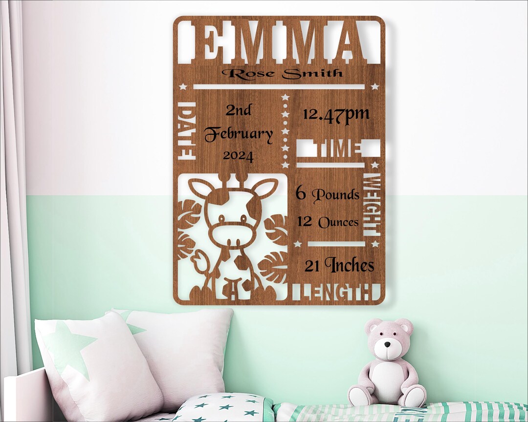 Giraffe Baby Stats Plaque Template: Laser Cut Birth Announcement Sign ...