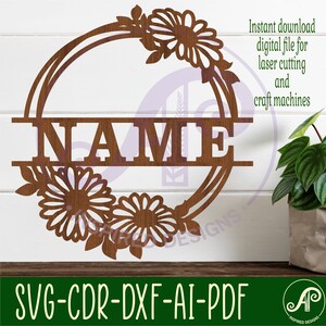 Daisy corona nombre signo SVG plantilla de corte láser, colgador de ...