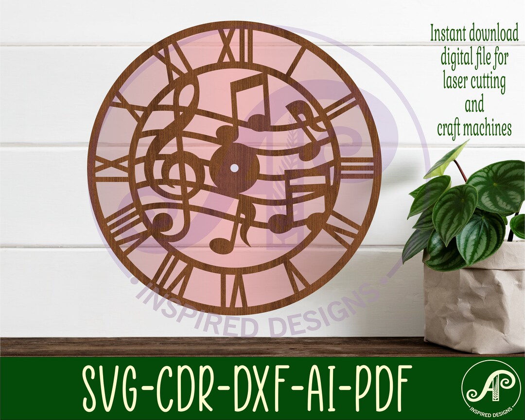 Music Wall Clock Laser Cut Files, SVG File. Vector File Ai, Cdr, Dxf ...