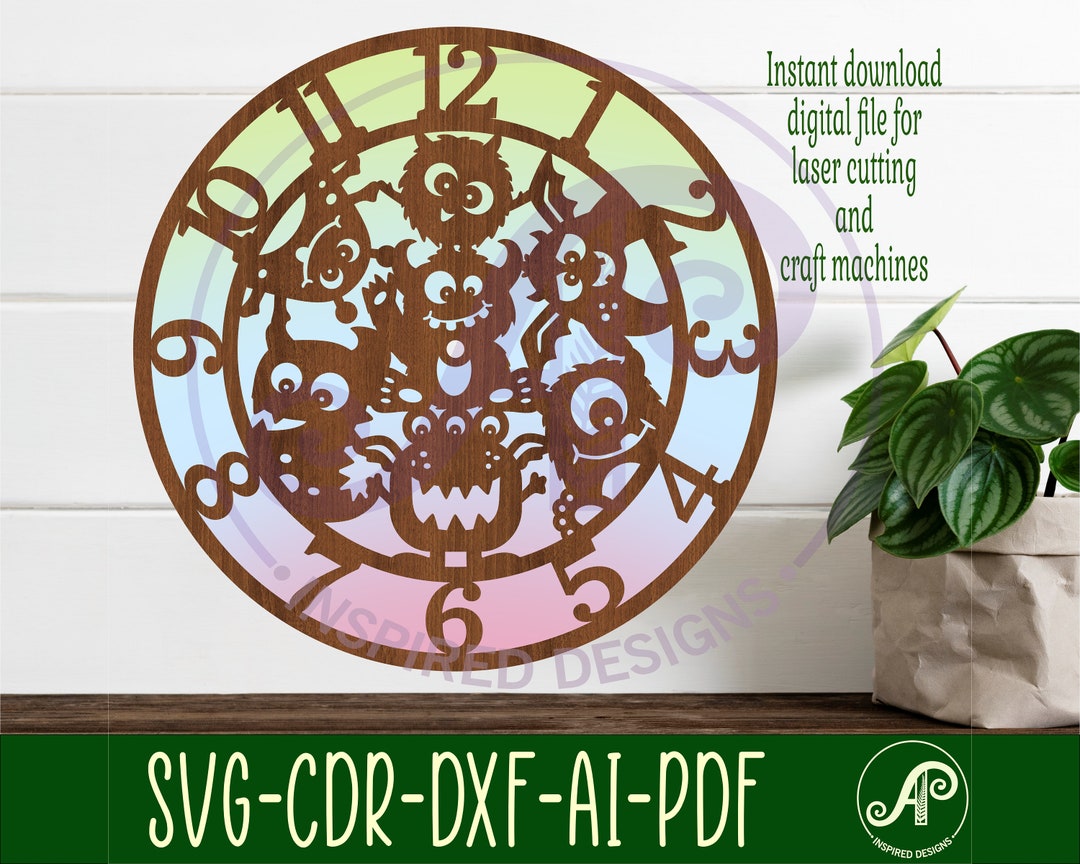 Monsters Wall Clock Laser Cut Files, SVG File. Vector File Ai, Cdr, Dxf ...