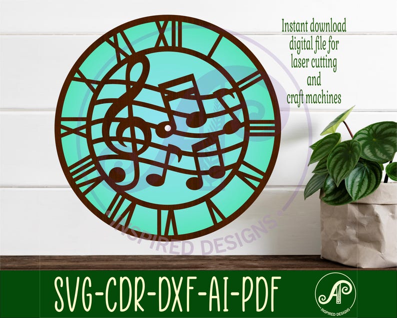 Music Wall Clock Laser Cut Files, SVG File. Vector File Ai, Cdr, Dxf ...