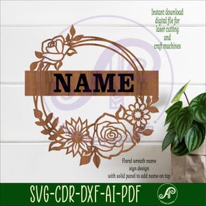 Floral Wreath Name Sign SVG - Flower Laser Cut Personalized Sign ...