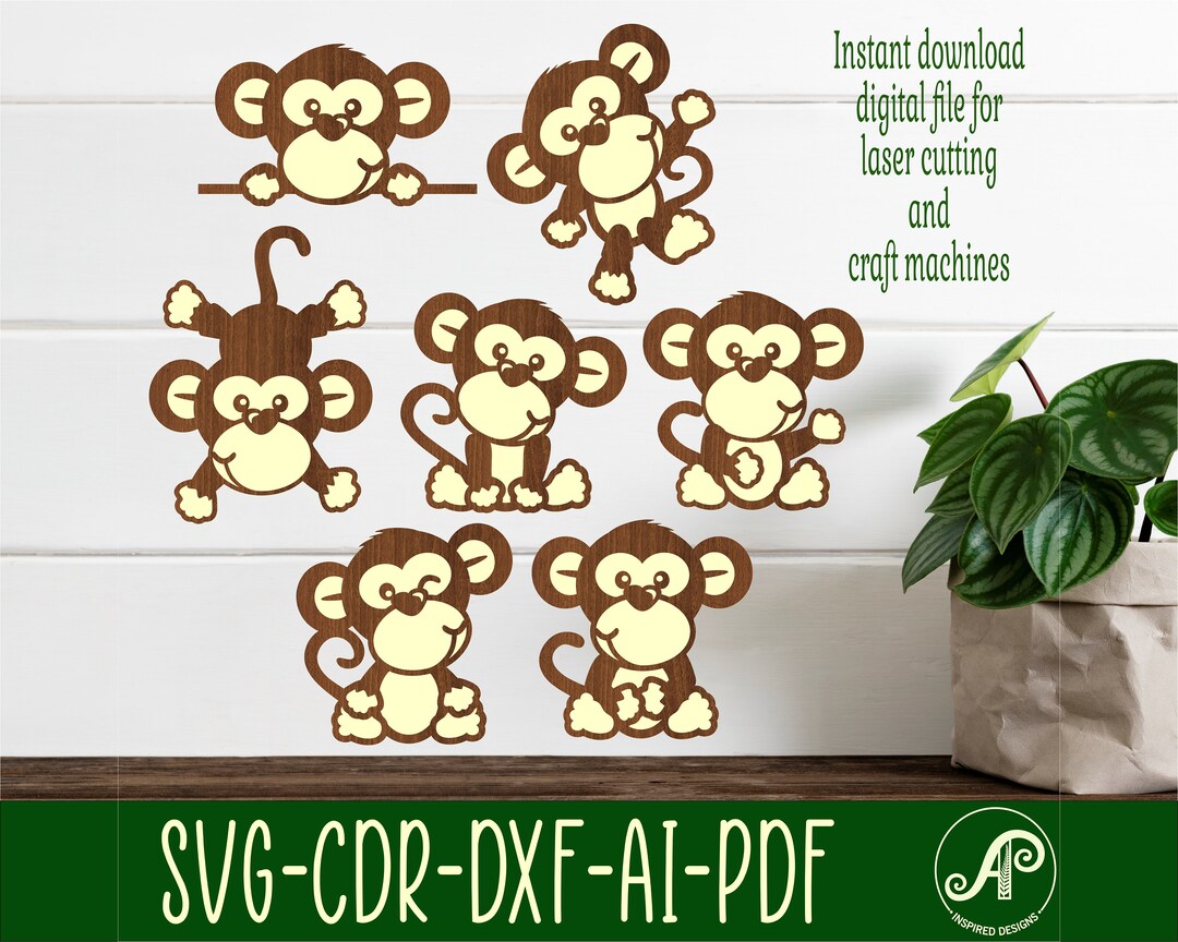 Monkey Laser Cut File Shapes. 7 Two Layer Vector Files SVG, Ai, Cdr ...
