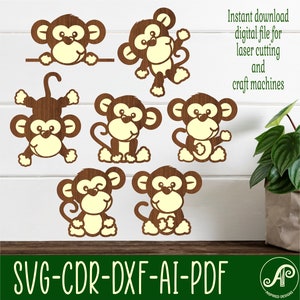 Monkey Laser Cut File Shapes. 7 Two Layer Vector Files SVG, Ai, Cdr, Dxf and Pdf Instant ...