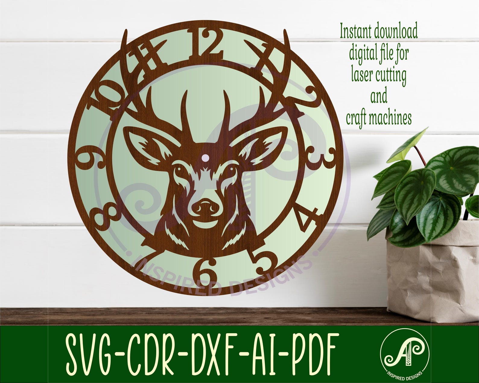 Stag Face Wall Clock Laser Cut Files, SVG File. Vector File Ai, Cdr ...