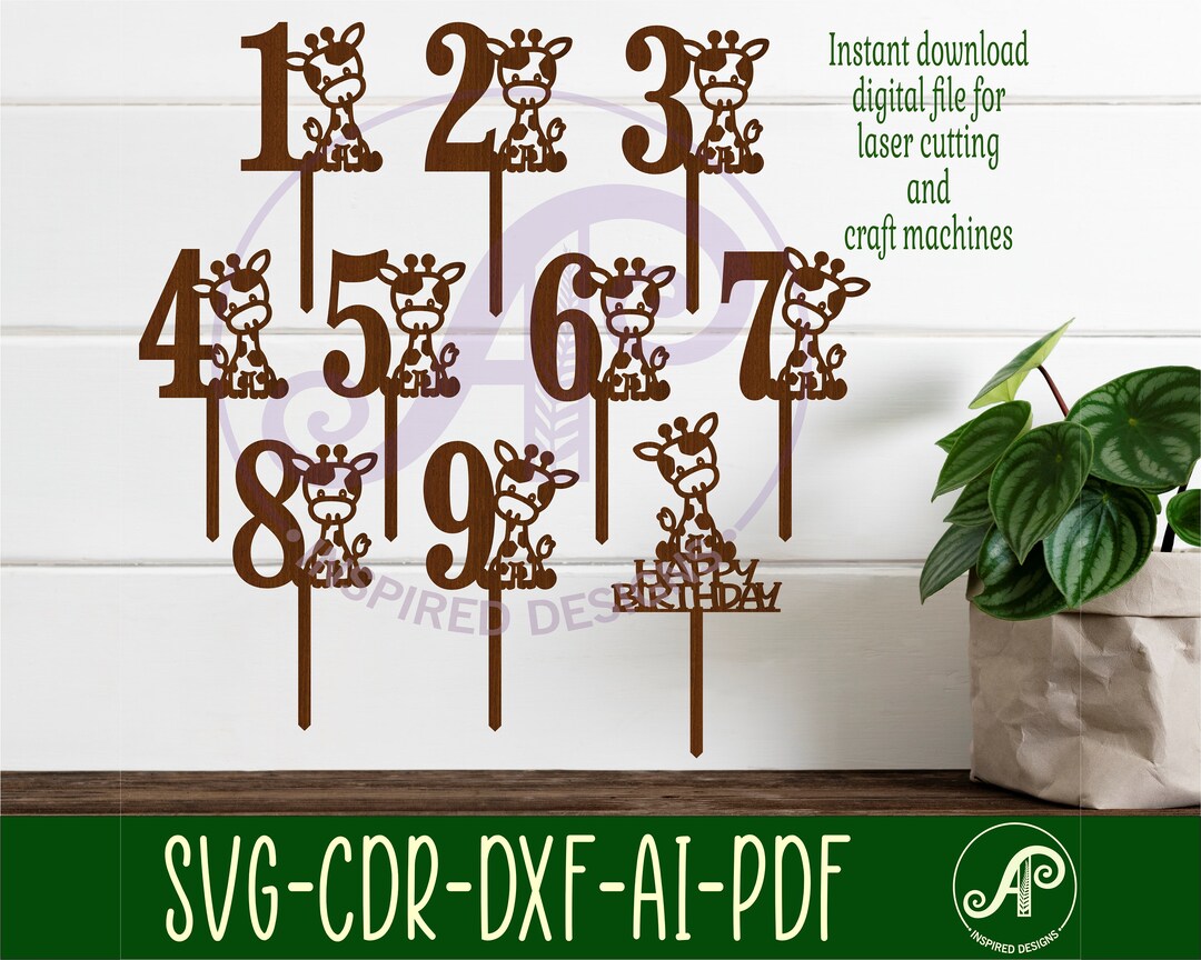 Giraffe Number Cake Topper Bundle, SVG Laser Cut, Instant Download Pdf ...