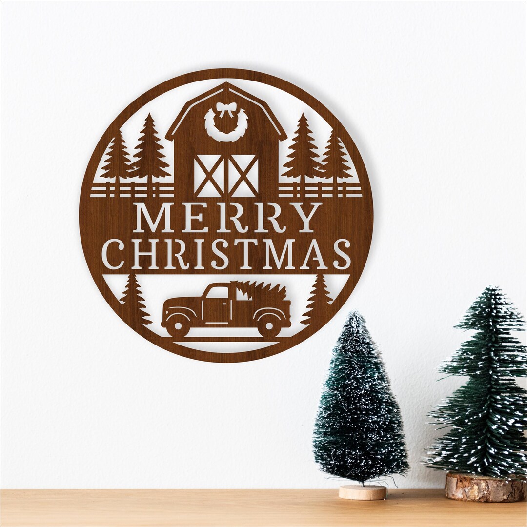 Farmhouse Merry Christmas Sign | Rustic Barn & Truck Laser Cut ...
