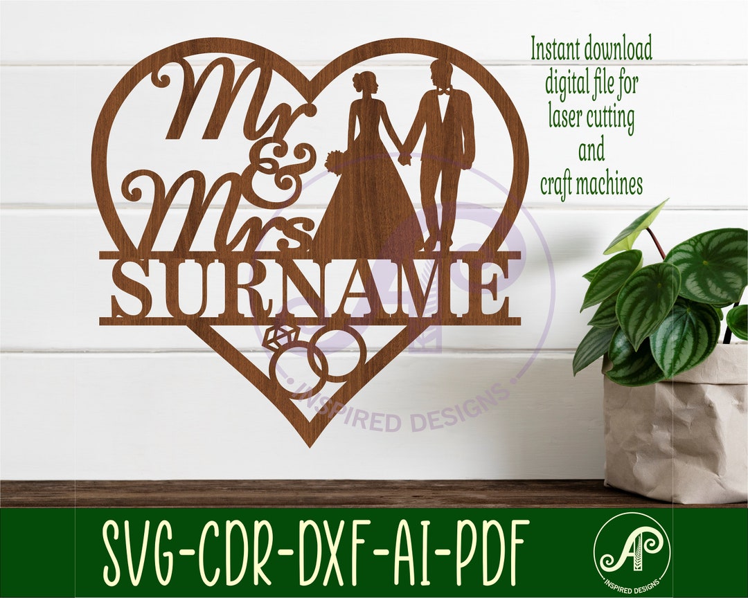 Mr and Mrs Heart Silhouette Design 2 Name Sign, SVG, Wedding Themed, Laser Cut Template, Instant ...