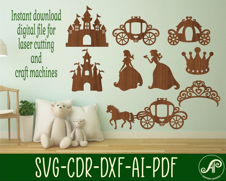 Princess SVG Laser Cut File Bundle: Crowns, Castles, Carriages (digital ...