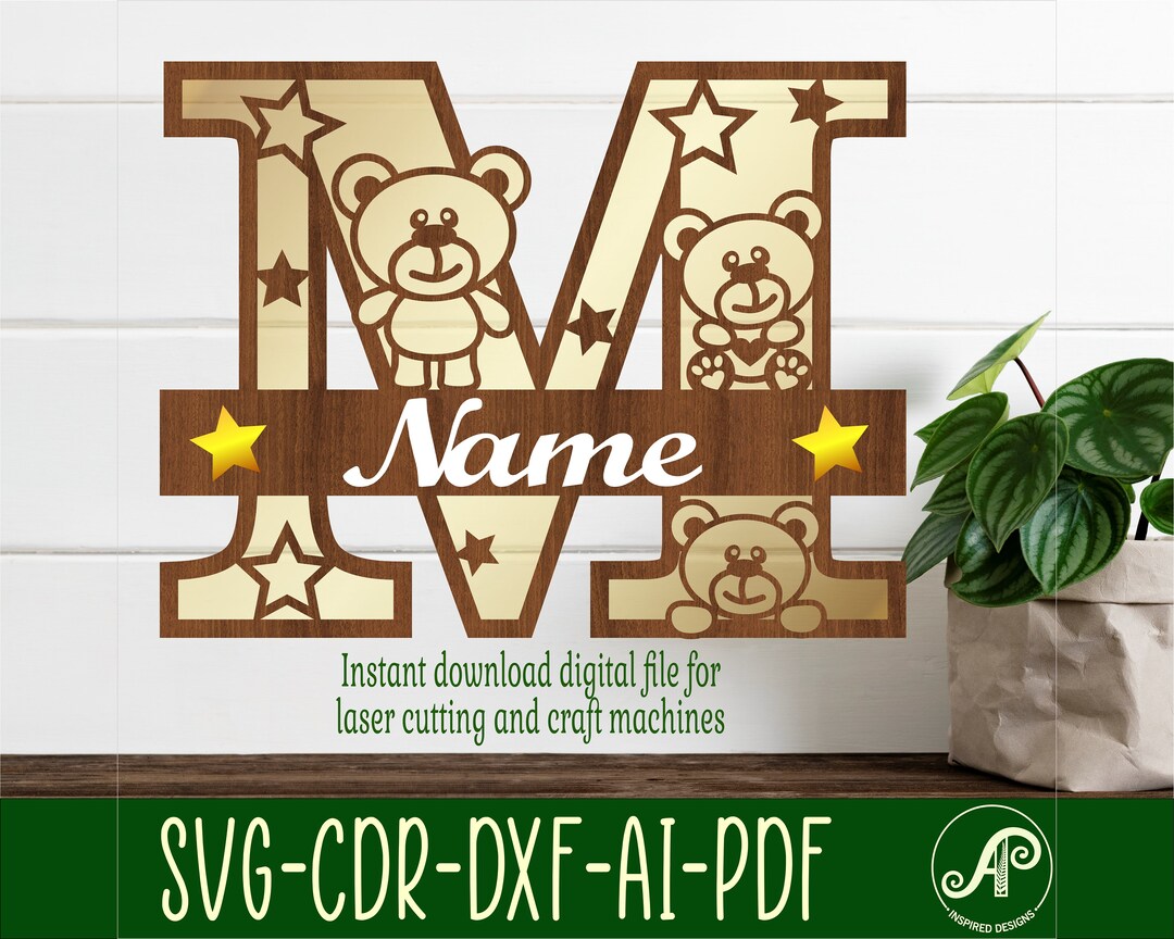 Teddy Bear Monogram Letter Name Signs. 3 Layers SVG Laser Cut Template ...