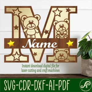 Teddy Bear Monogram Letter Name Signs. 3 Layers SVG Laser Cut Template ...