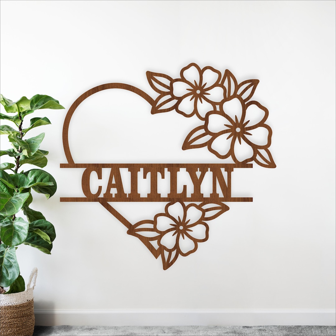 Floral Heart Name Sign - Personalized Flower Laser Cut Wall Art ...