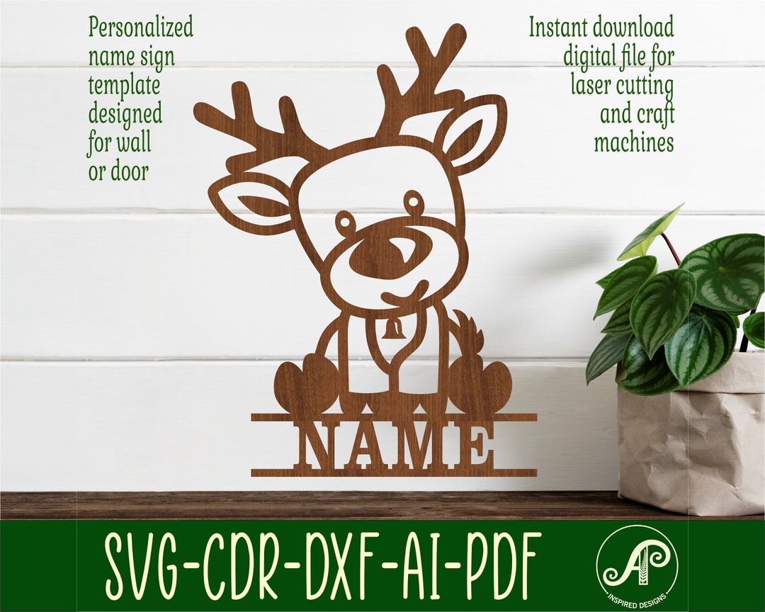 Reindeer Name Sign SVG, Cute Cartoon Animal Themed Door or Wall Hanger ...