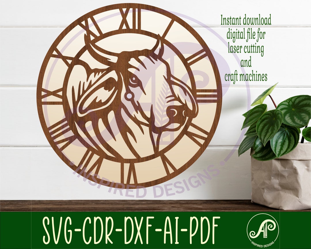 Brahma Bull Head Wall Clock Laser Cut Files, SVG File. Vector File Ai ...