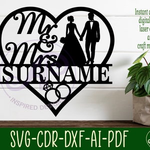 Mr and Mrs Heart Silhouette Design 2 Name Sign, SVG, Wedding Themed, Laser Cut Template, Instant ...