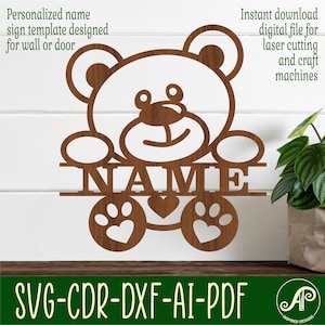 Teddy Bear Name Sign SVG Laser Cut Template, Door or Wall Hanger Ai ...