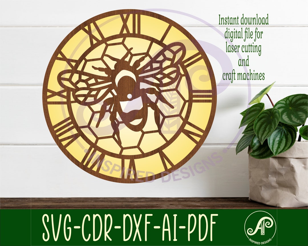 Bee Wall Clock Laser Cut Files, SVG File. Vector File Ai, Cdr, Dxf Instant Download Digital ...
