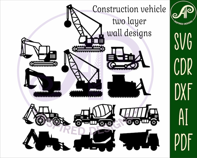 Construction Vehicles Laser Cut File Shapes. 6 Two Layer Vector Files ...