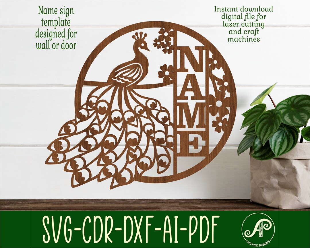 Peacock Name Sign, SVG, Bird and Blossom Themed Door or Wall Hanger ...
