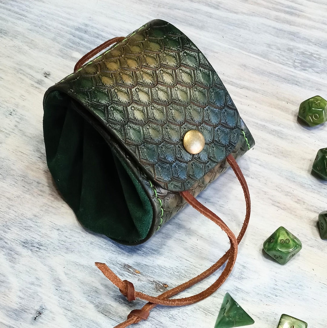 Green Dragonscale Leather Dice Pouch Drawstring and Snap - Etsy