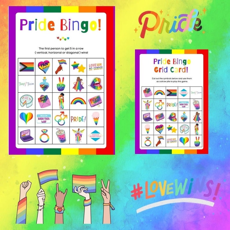 LGBTQ Pride Month Bingo 7X Game Cards & 1 Grid Card Game. Fun Digital ...