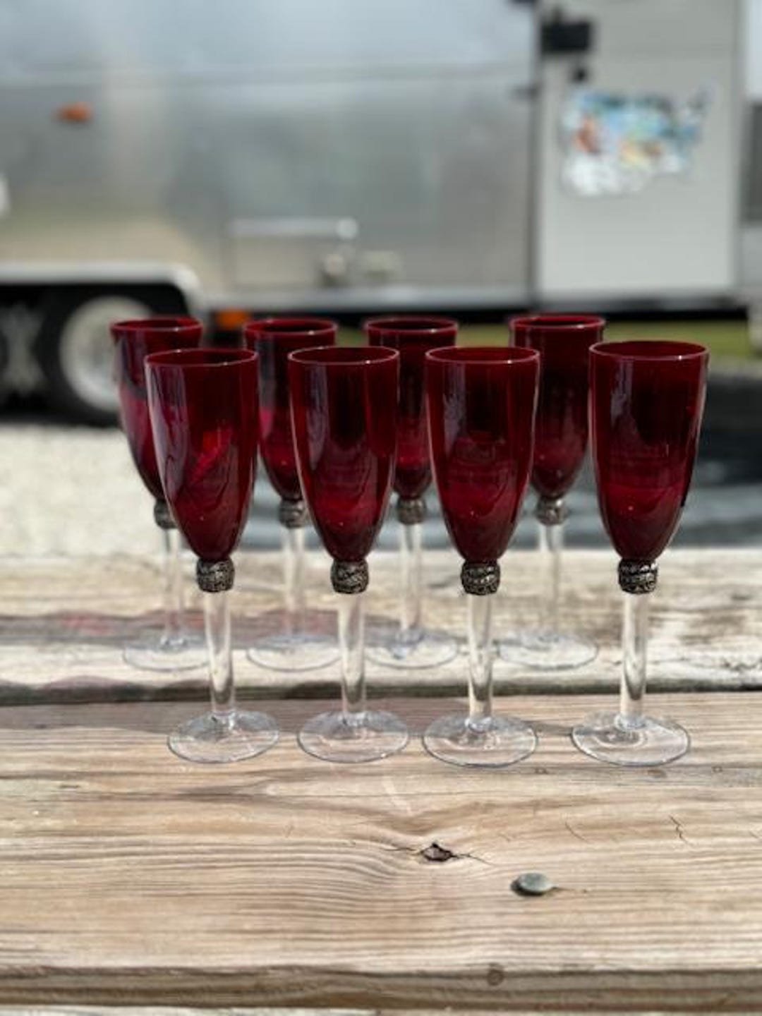 Ruby Red Champagne Flutes Glasses With Pewter Around Stem - Etsy