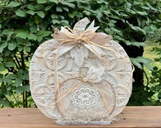 Pretty! Shabby Tangerine Vintage LACE & Fabric PUMPKIN! Great Details ...