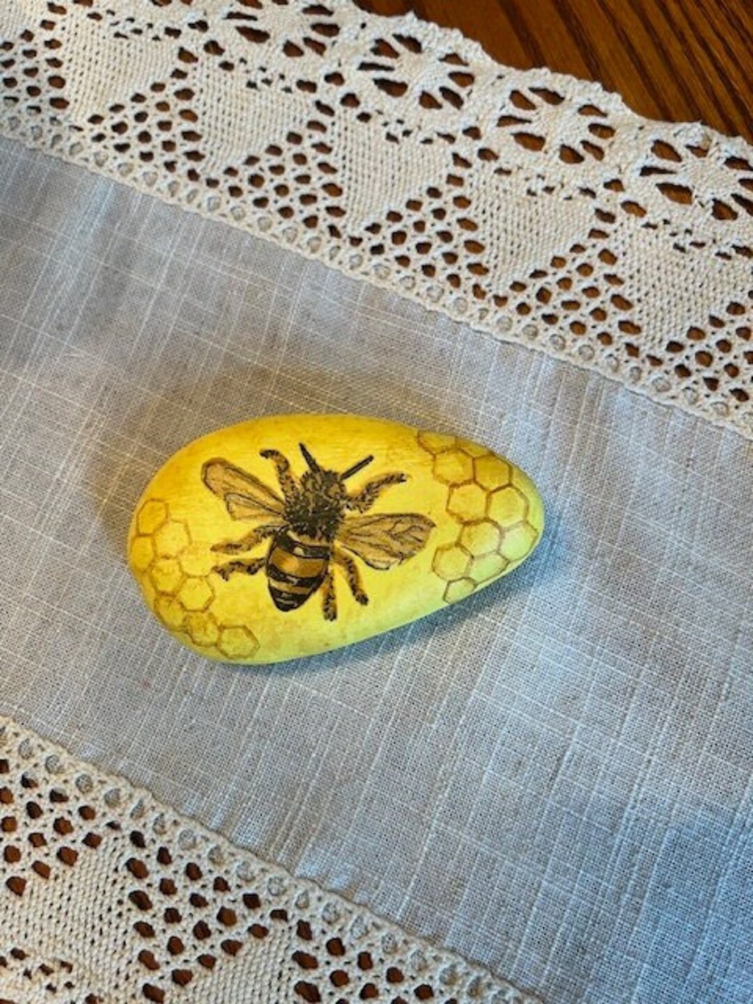 Hand Painted and Decoupaged Rock With a Bee and Honeycombs - Decorative ...