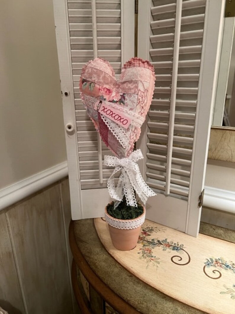Sewn Fabric Heart Topiary Stuffed Valentine Patchwork Heart and Lace ...