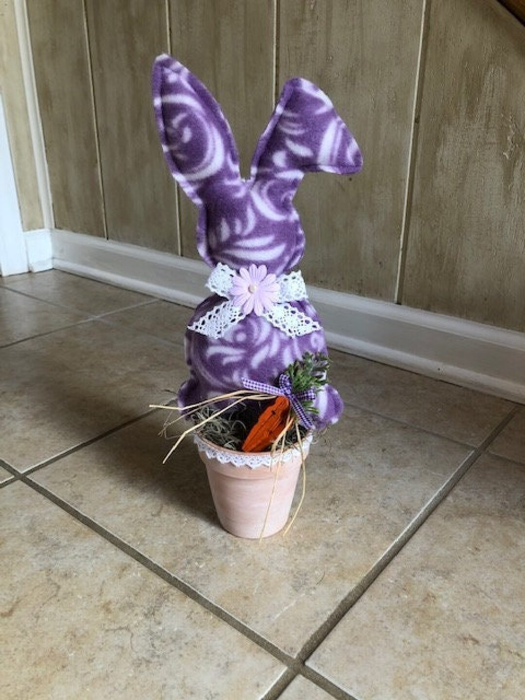 Purple Flannel Stuffed Bunny Topiary - Spring Fabric Stuffed Easter ...